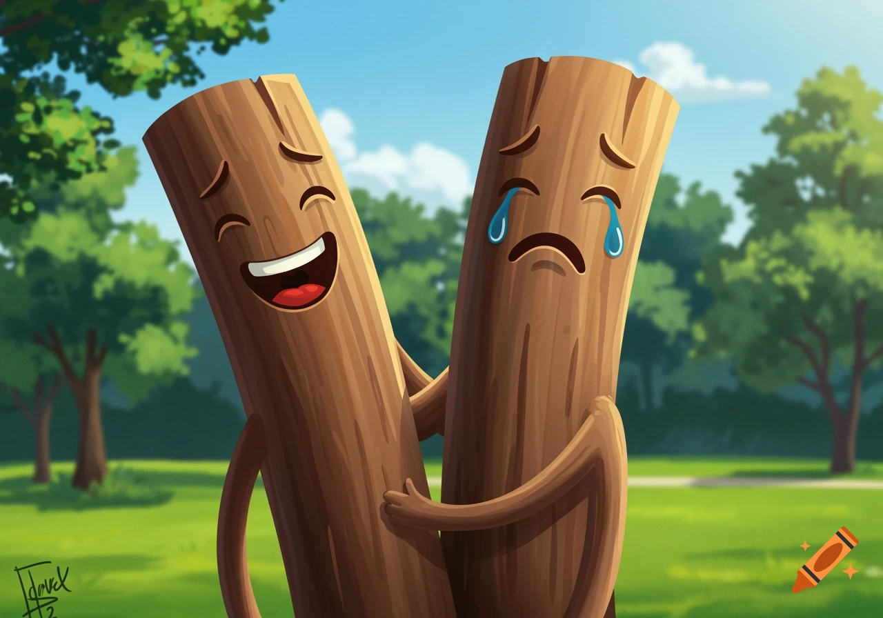 Two cartoon wooden sticks, one laughing and one crying, hugging in a ...