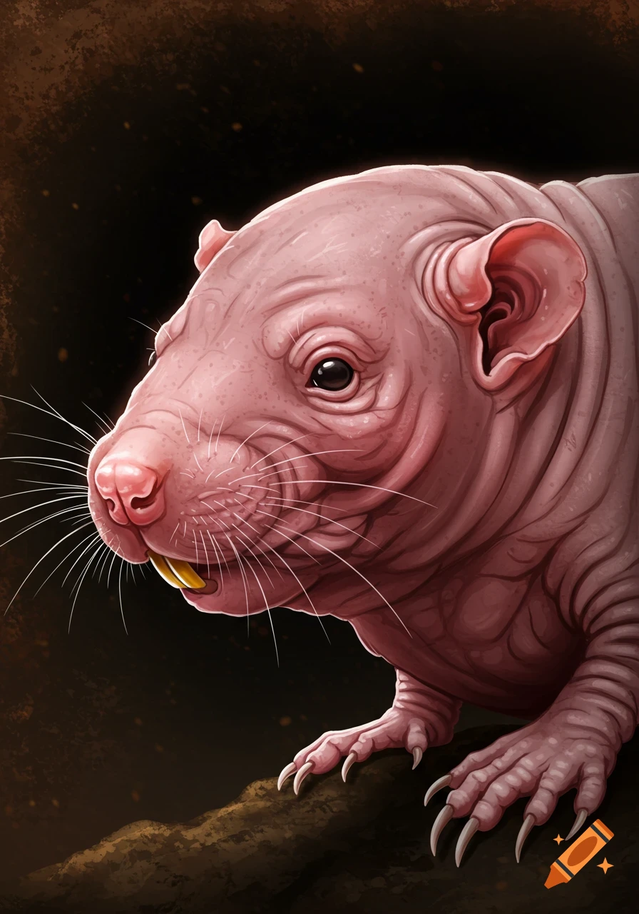Close-up portrait of a pink naked mole rat with wrinkles, whiskers, and ...