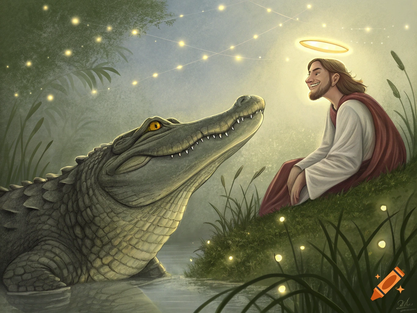 Jesus smiles at a large alligator in a glowing swamp at dusk ...