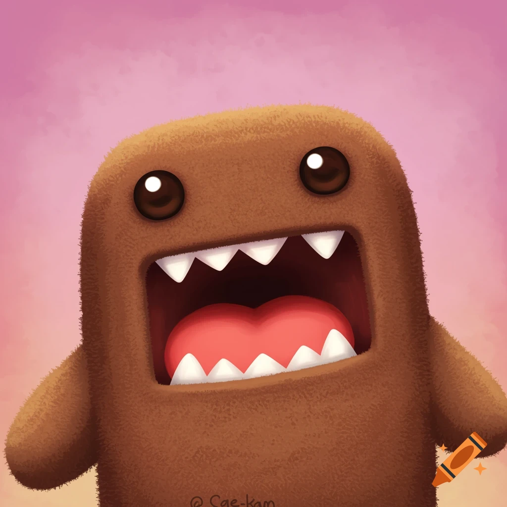 A brown furry cartoon monster, Domo-kun, with wide-open mouth showing ...