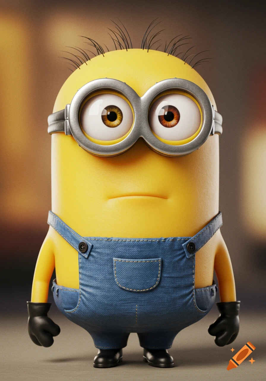 A photorealistic Minion character in denim overalls and goggles ...