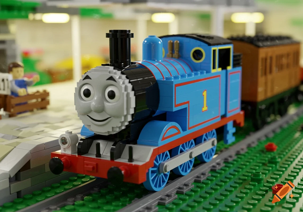 A detailed LEGO model of Thomas the Tank Engine on a green track with a ...