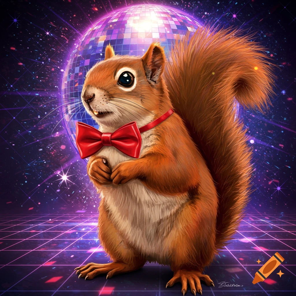 A cartoon squirrel wearing a red bow tie stands in a vibrant disco ...