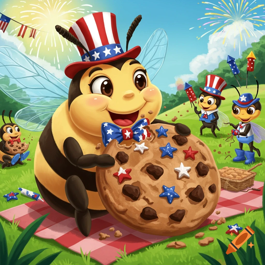 A cute cartoon bee wearing a patriotic top hat and bowtie eats a large ...