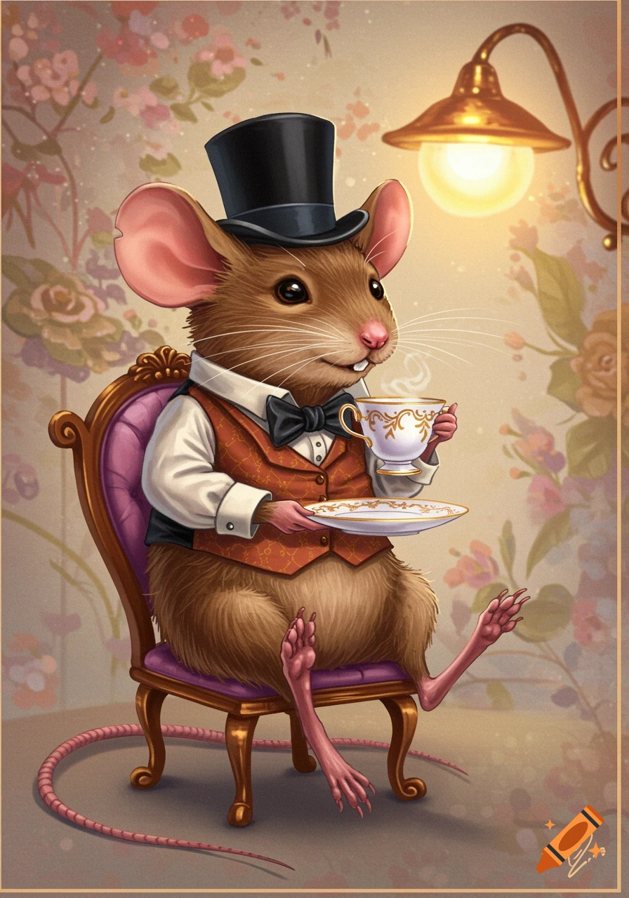 A dapper brown mouse in a top hat and vest sips tea while sitting on an ...