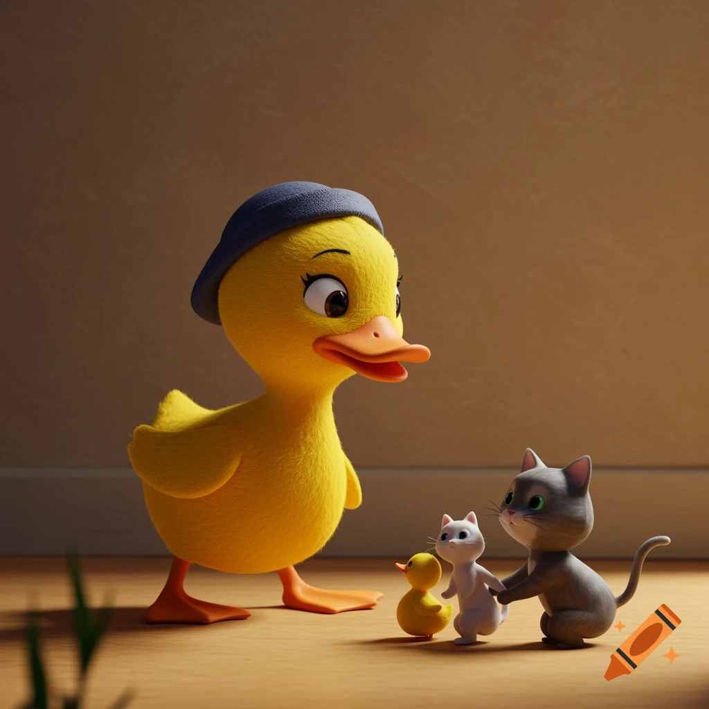 A large yellow cartoon duck in a blue hat looks down at two small ...