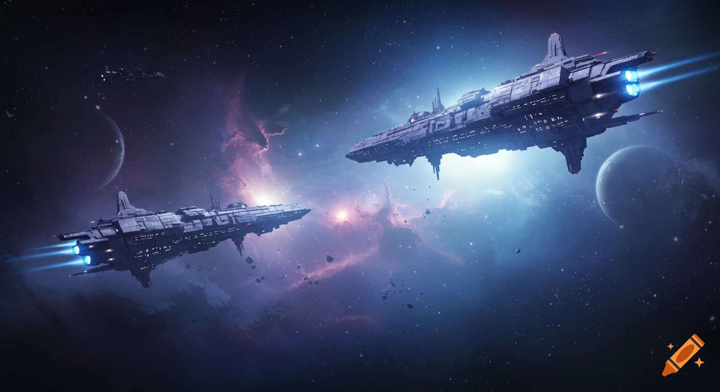Two detailed grey spaceships with glowing blue engines pass each other ...