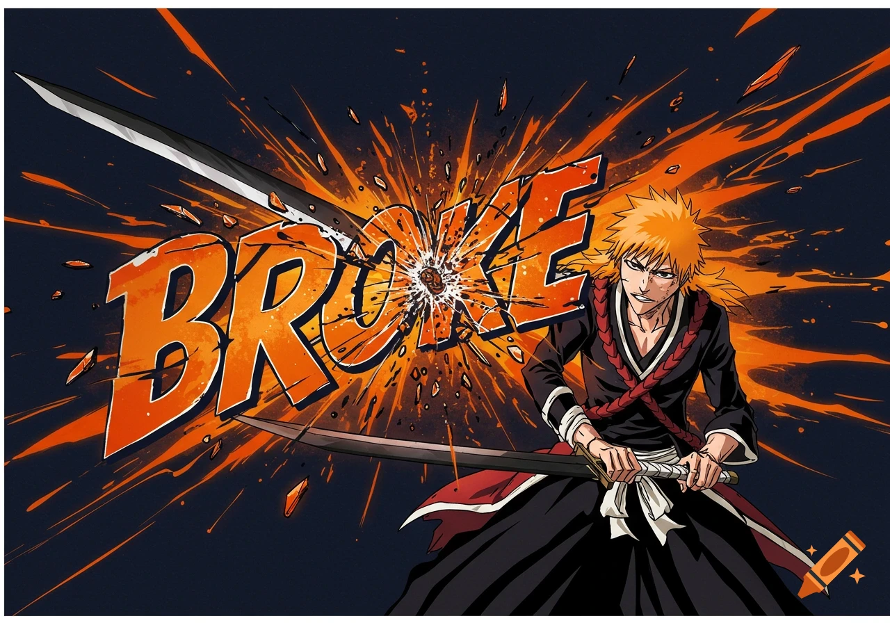 An anime character, Ichigo from Bleach, holds a sword that breaks ...