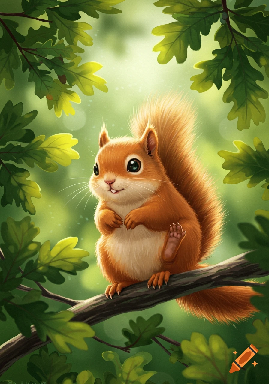 A cute cartoon squirrel with large eyes sits on a tree branch among ...
