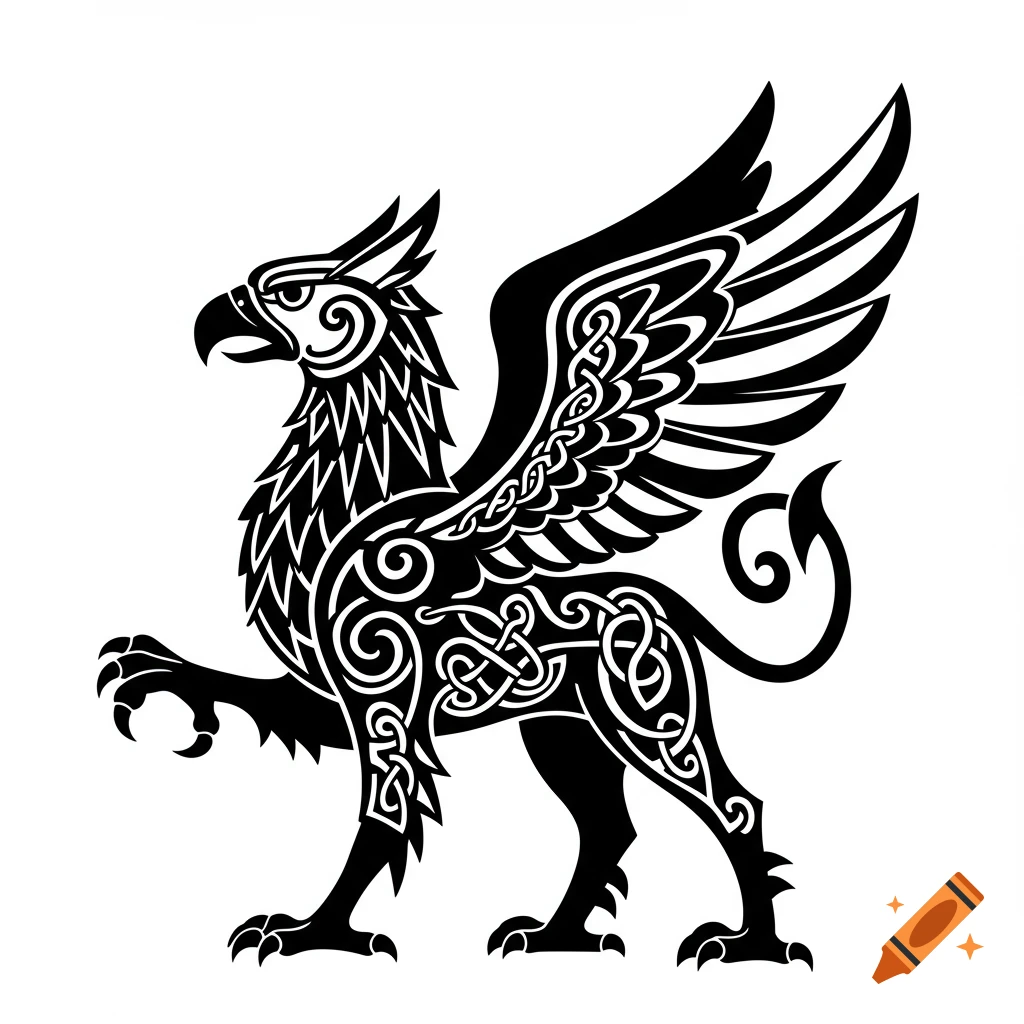 A black and white vector illustration of a griffin in Pictish art style ...