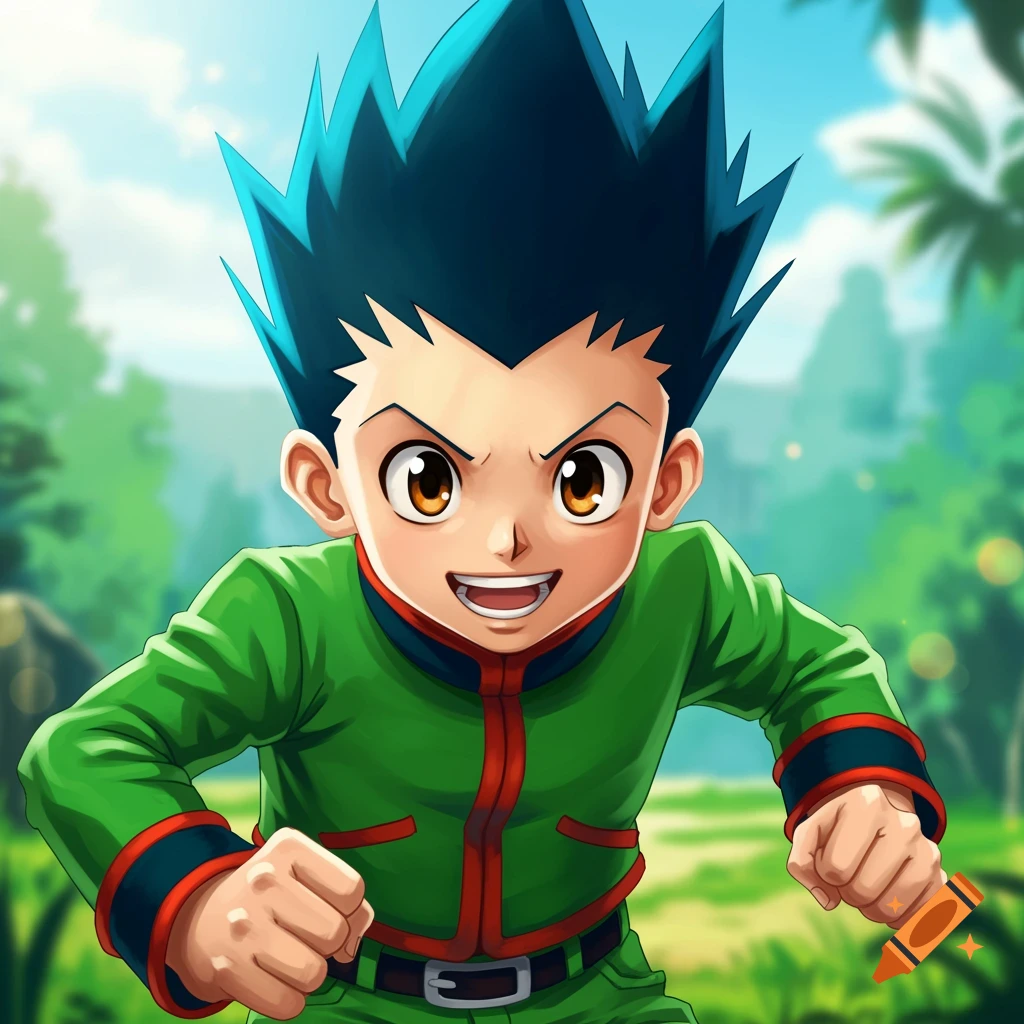 A smiling anime boy with spiky blue hair and a green outfit runs ...