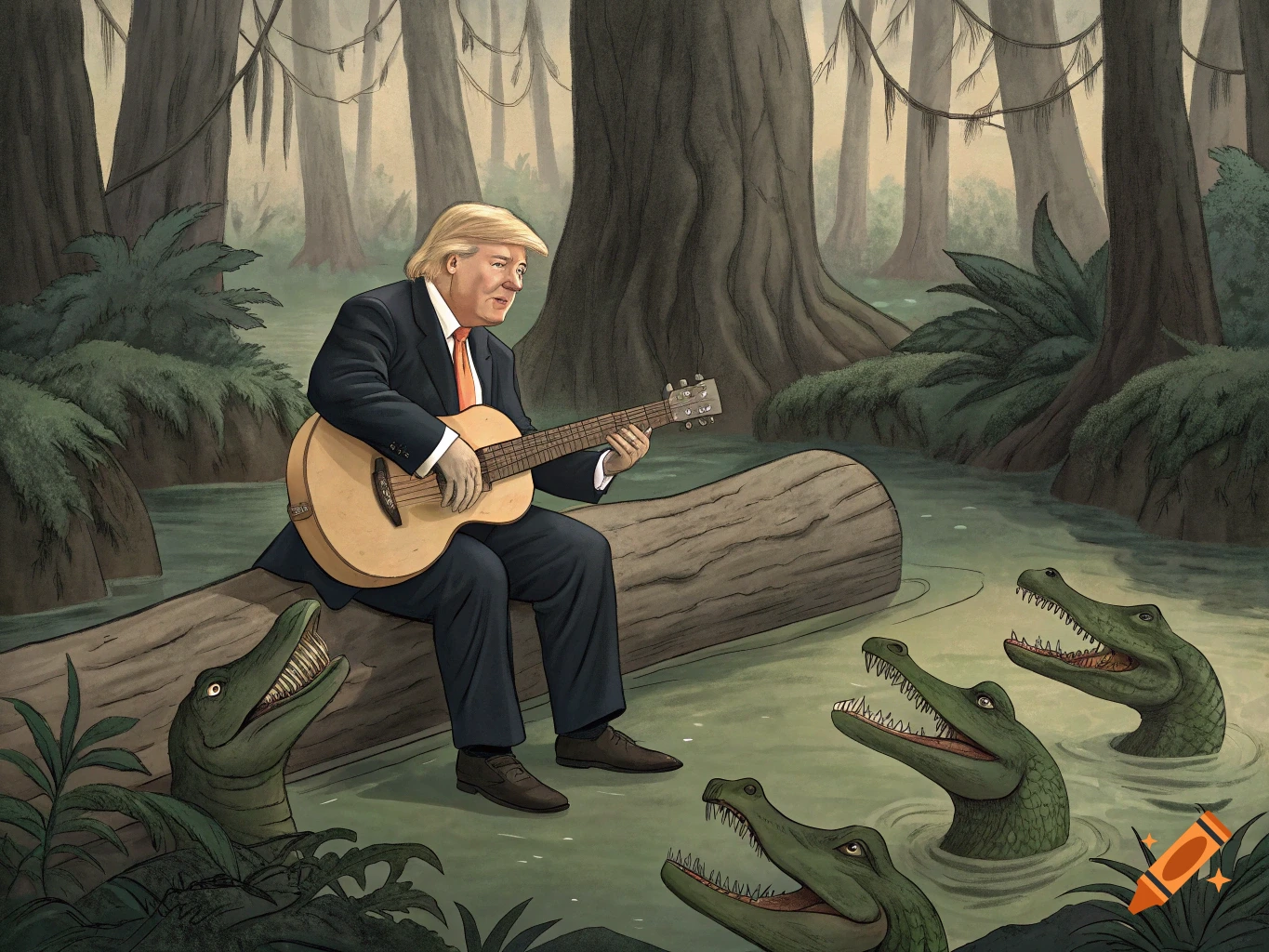Donald Trump sits on a log in a swamp, playing a guitar to an audience ...