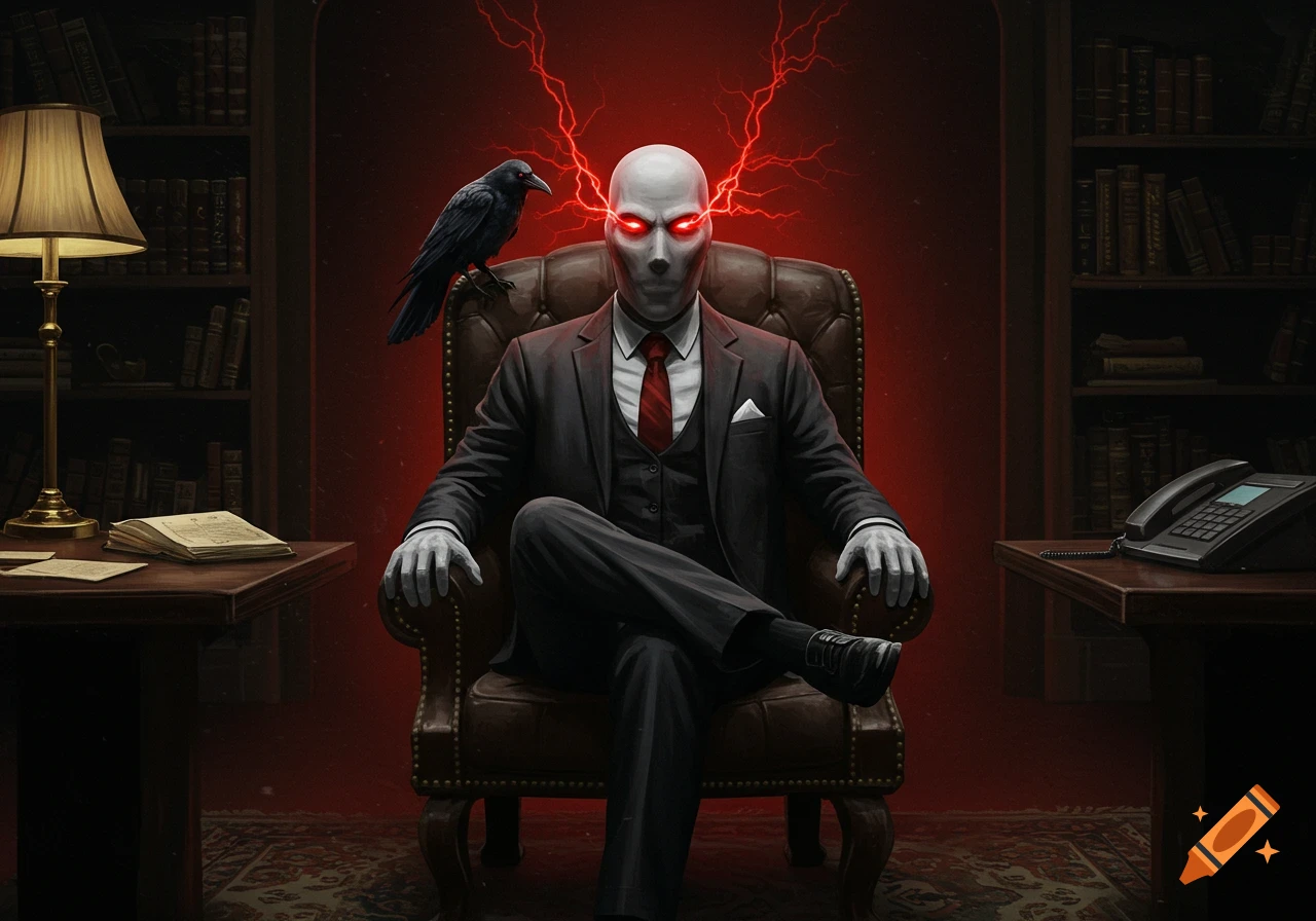 A mysterious man with glowing red eyes and red lightning sits in a dark ...