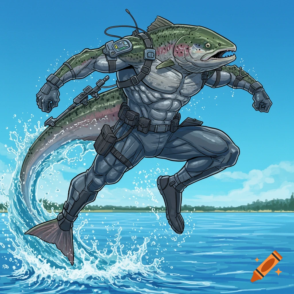 A muscular, humanoid salmon in tactical gear leaps from blue water ...