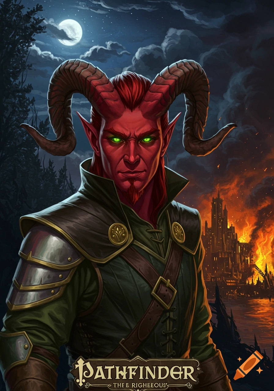 A red-skinned male Tiefling with large ram-like horns and glowing green ...