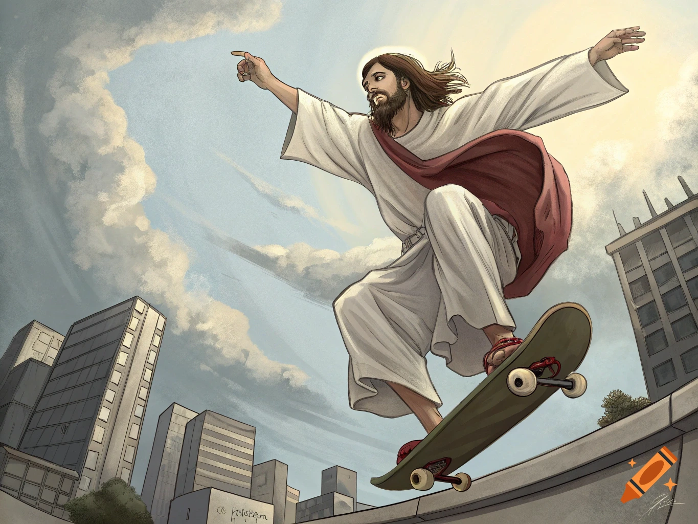Illustration of Jesus Christ performing a skateboard trick with an ...