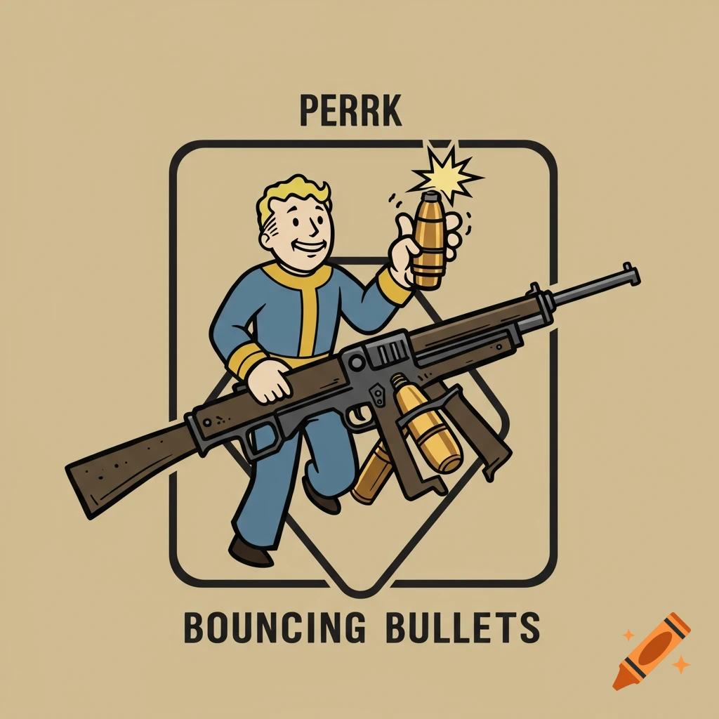Cartoon of Fallout's Vault Boy holding a rifle and a glowing bullet ...