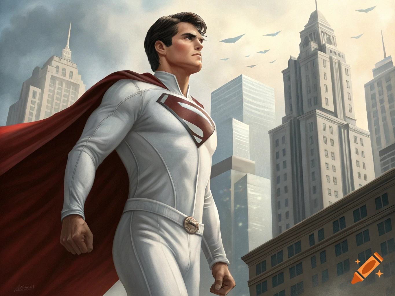 A man in a white superhero suit with a red cape stands heroically in a ...