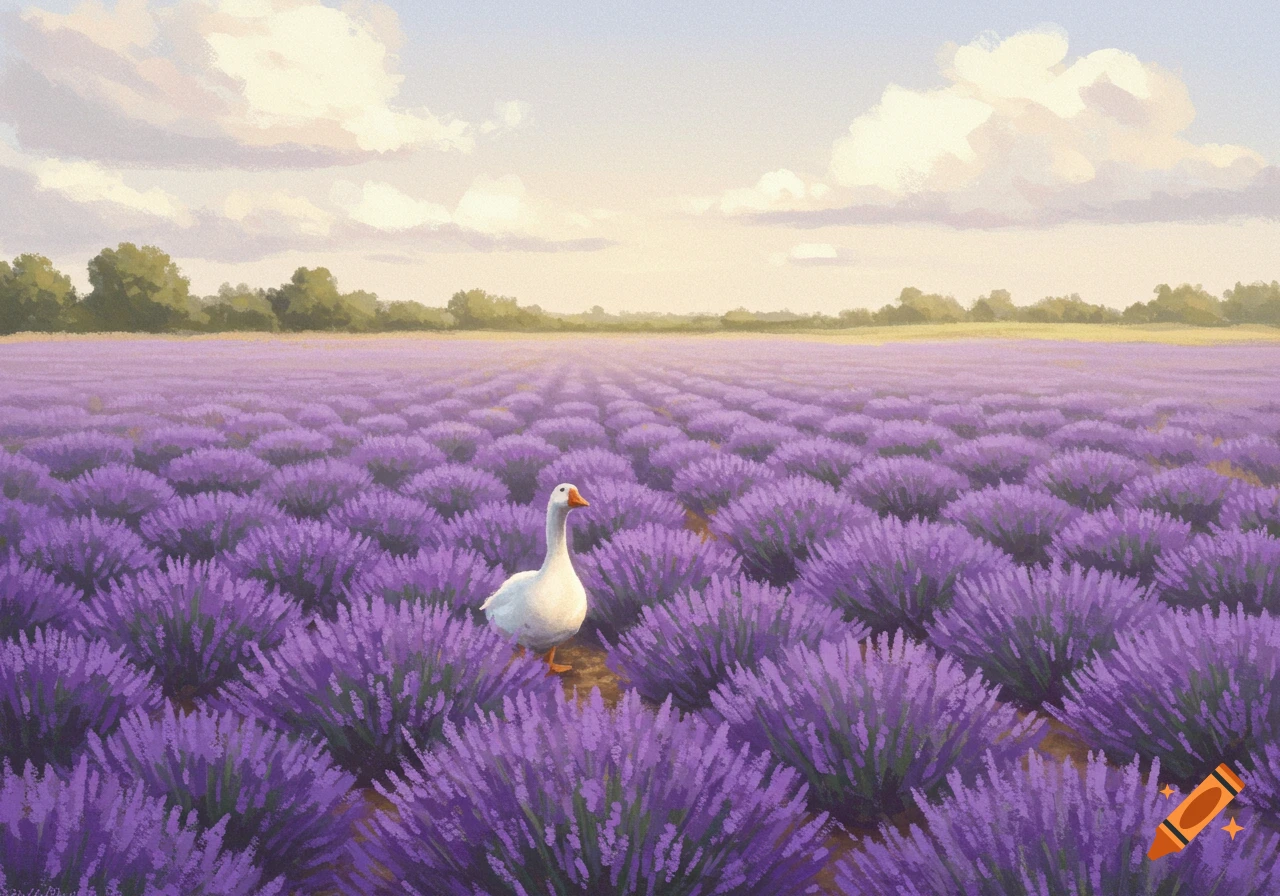 A white goose stands in a large field of purple lavender flowers under ...