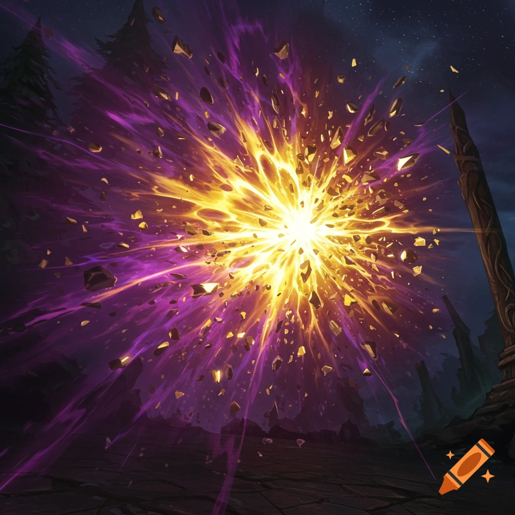 A vibrant golden and purple magical explosion with debris flying outwards, set against a dark ...