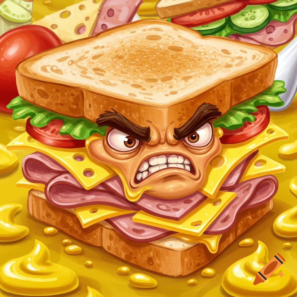 A cartoon angry ham and cheese sandwich with big eyebrows and bared ...