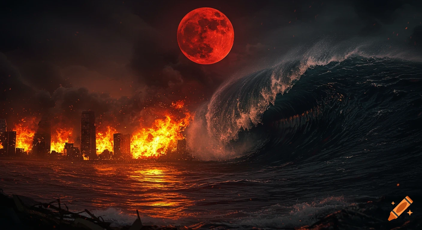 A giant tsunami wave crashes into a city engulfed in flames under a ...