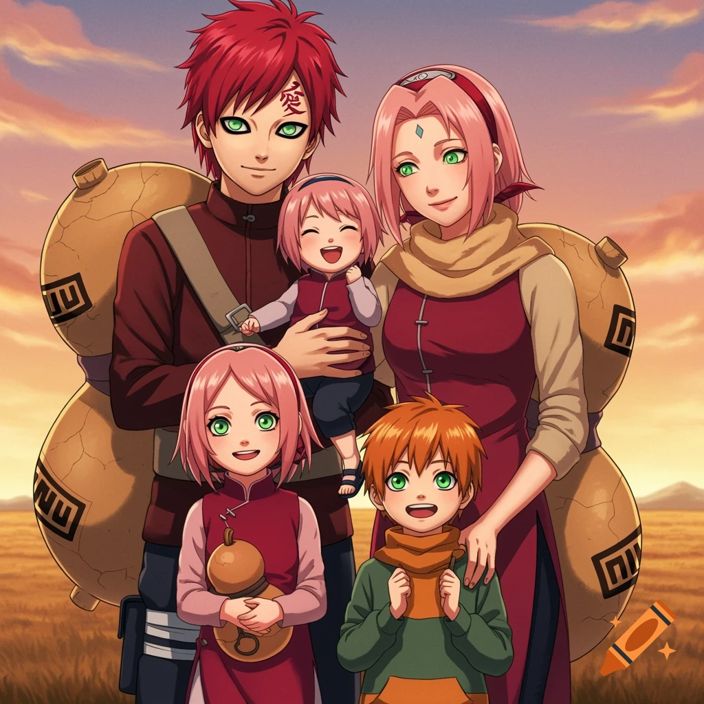 Anime style illustration of Gaara and Sakura with three young children ...