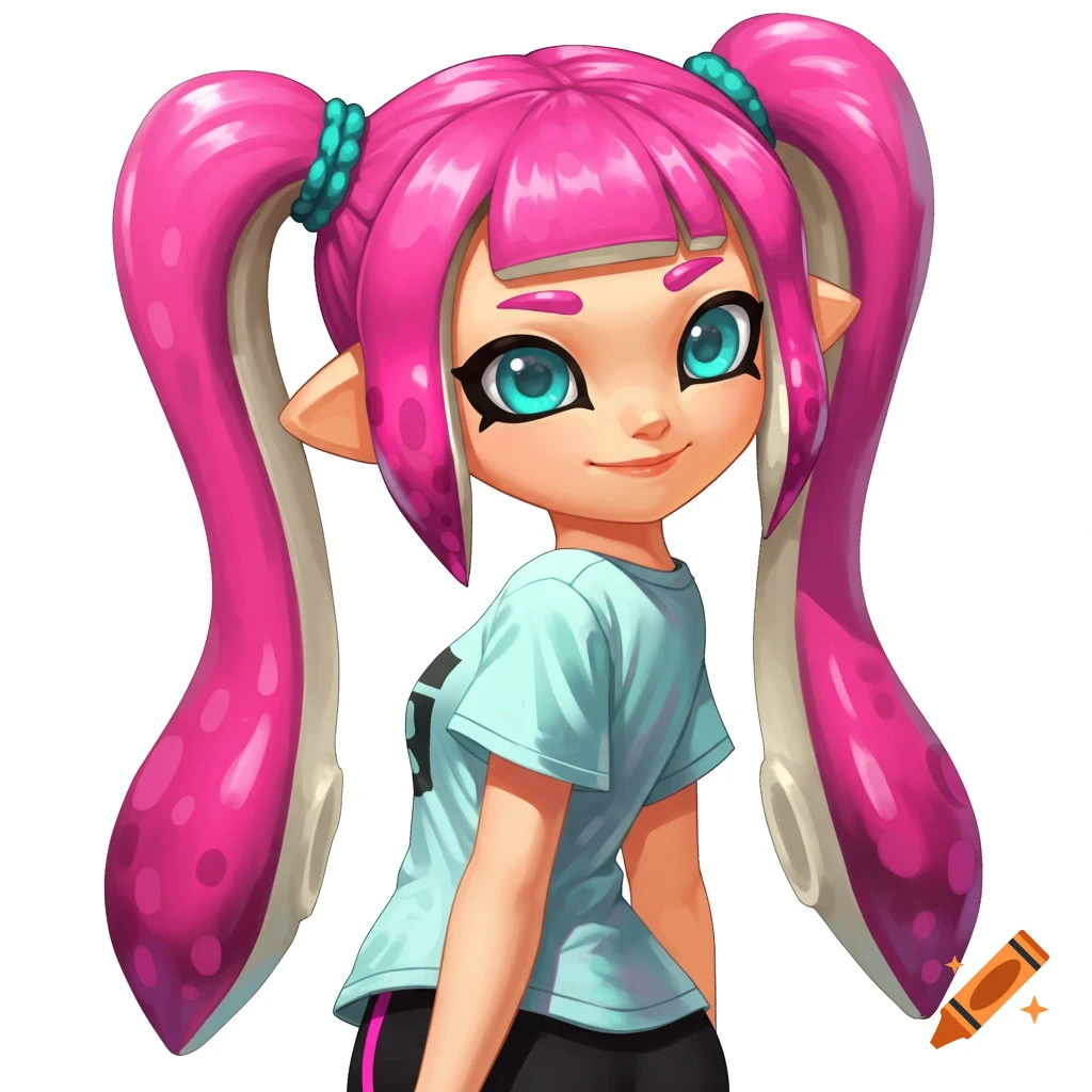 A young female Inkling from Splatoon with pink pigtails and teal eyes ...