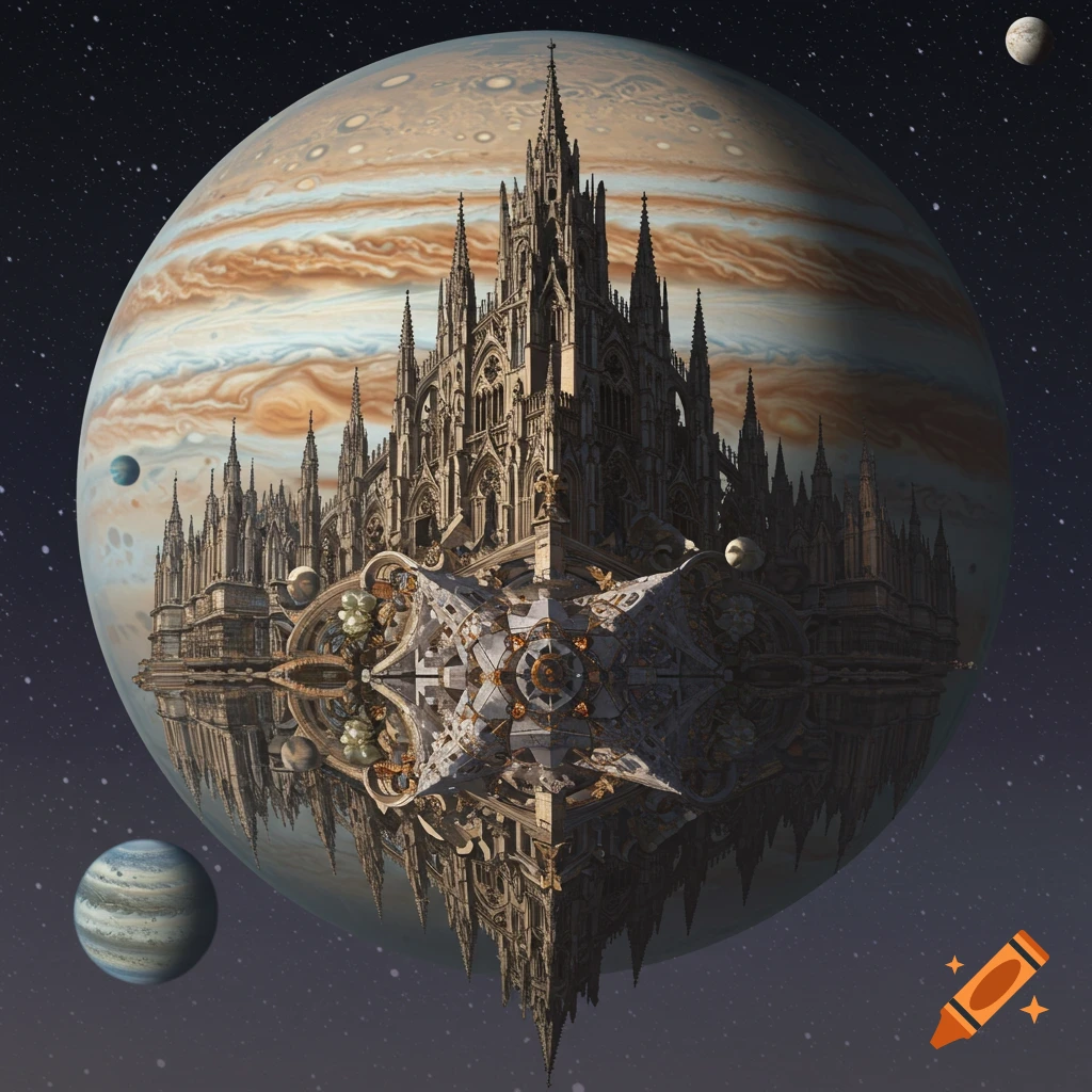 A grandiose gothic cathedral-like structure floats over the swirling ...