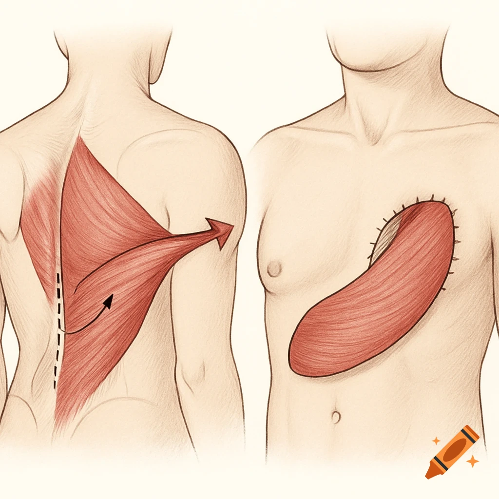 Schematic diagram illustrating a latissimus dorsi muscle flap from the back to the chest for ...