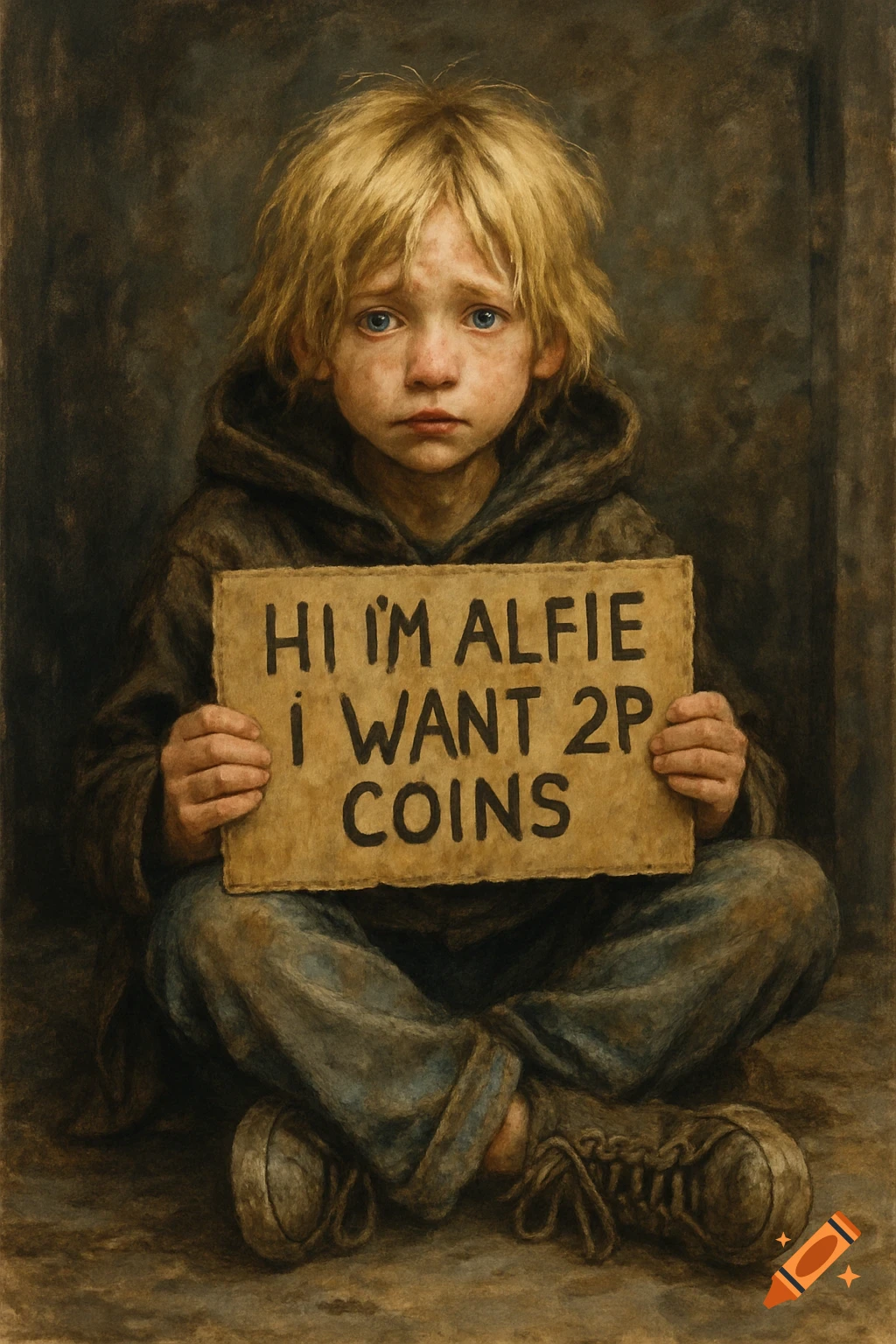 A blonde child with a sad expression sits, holding a sign that says 'HI ...
