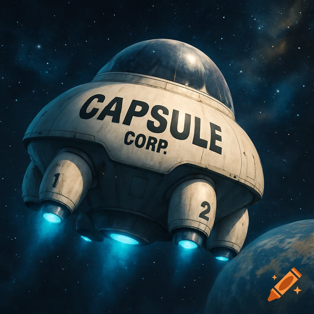 A photorealistic Capsule Corp spaceship flying through a star-filled ...