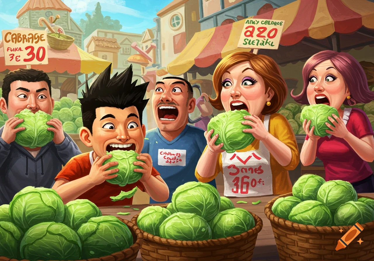 A vibrant cartoon illustration of people comically devouring cabbages ...