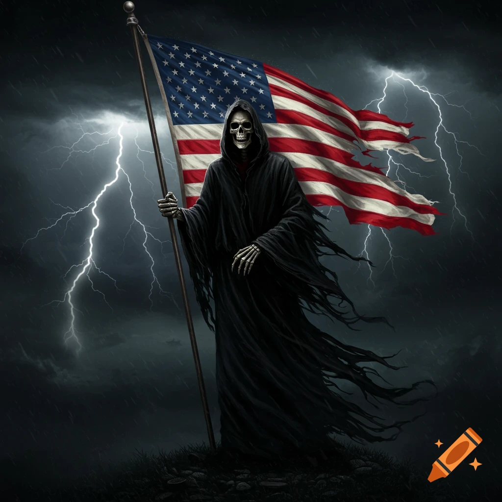 The Grim Reaper stands on a hill, holding a large American flag under a ...