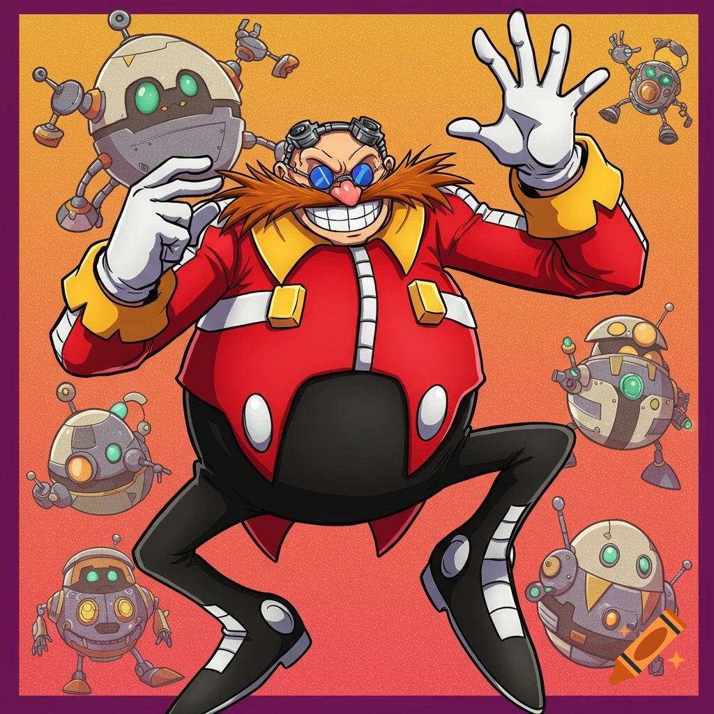 Dr. Eggman, a villain from Sonic the Hedgehog, stands smiling surrounded by several small robots ...