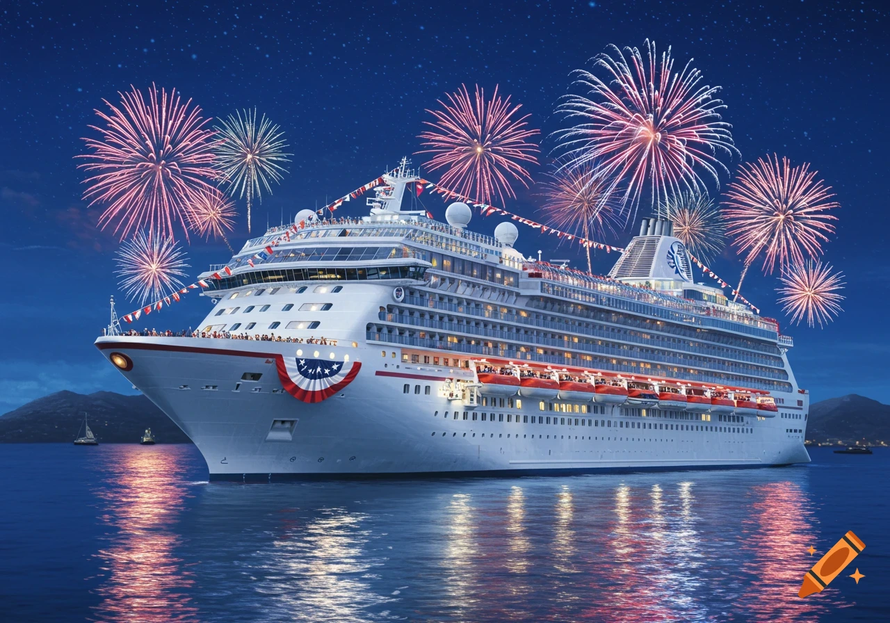 A large cruise ship on water at night, decorated with patriotic bunting ...
