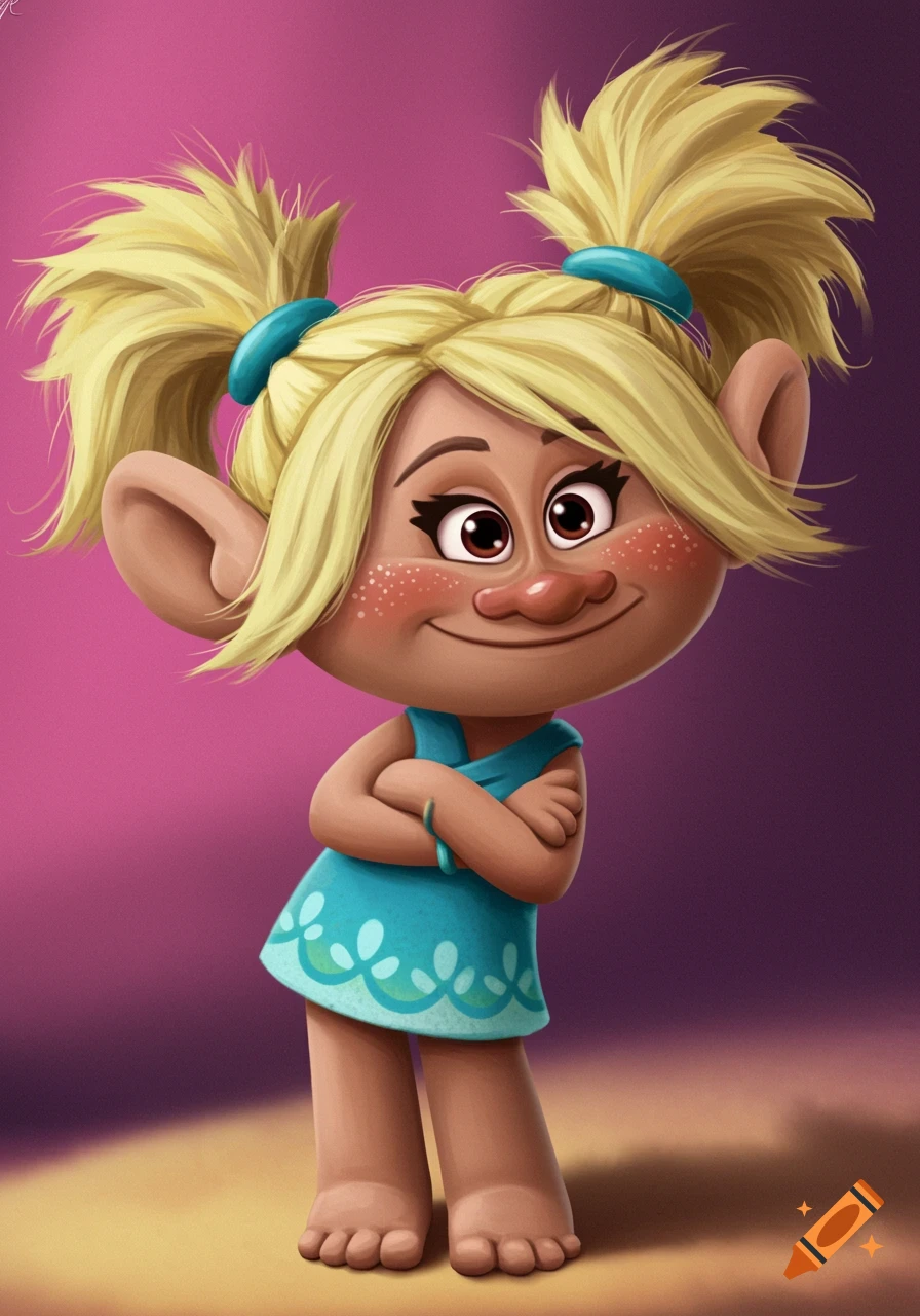 A smiling blonde troll girl with pigtails, tan skin, and freckles ...