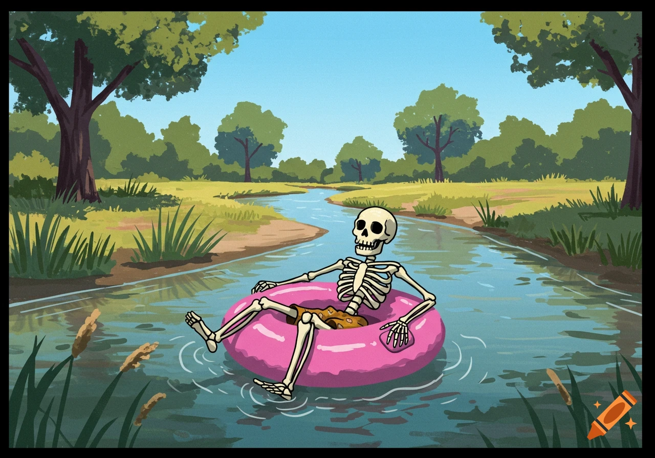 A cartoon skeleton floats on its back in a pink inner tube down a ...