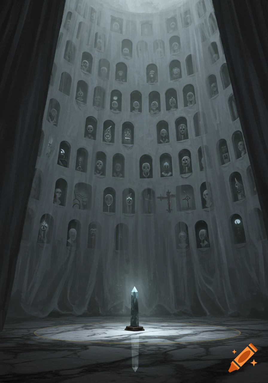 A mystical, cylindrical room with tiered niches holding various eerie ...