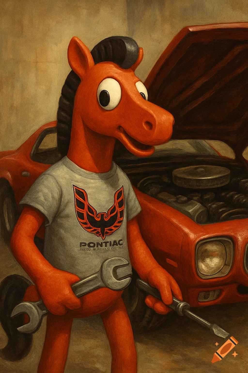 A cartoon red horse character with large eyes and a pompadour hairstyle ...
