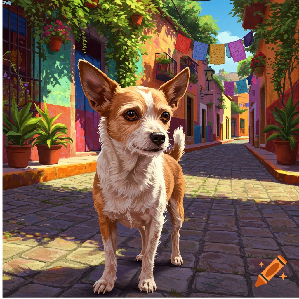 A small brown and white dog stands on a cobblestone street in a vibrant ...