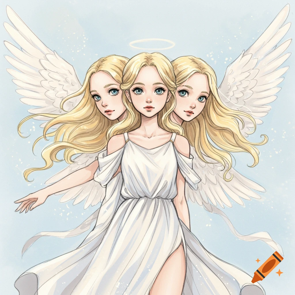 An anime-style illustration of a three-headed blonde angel girl with ...