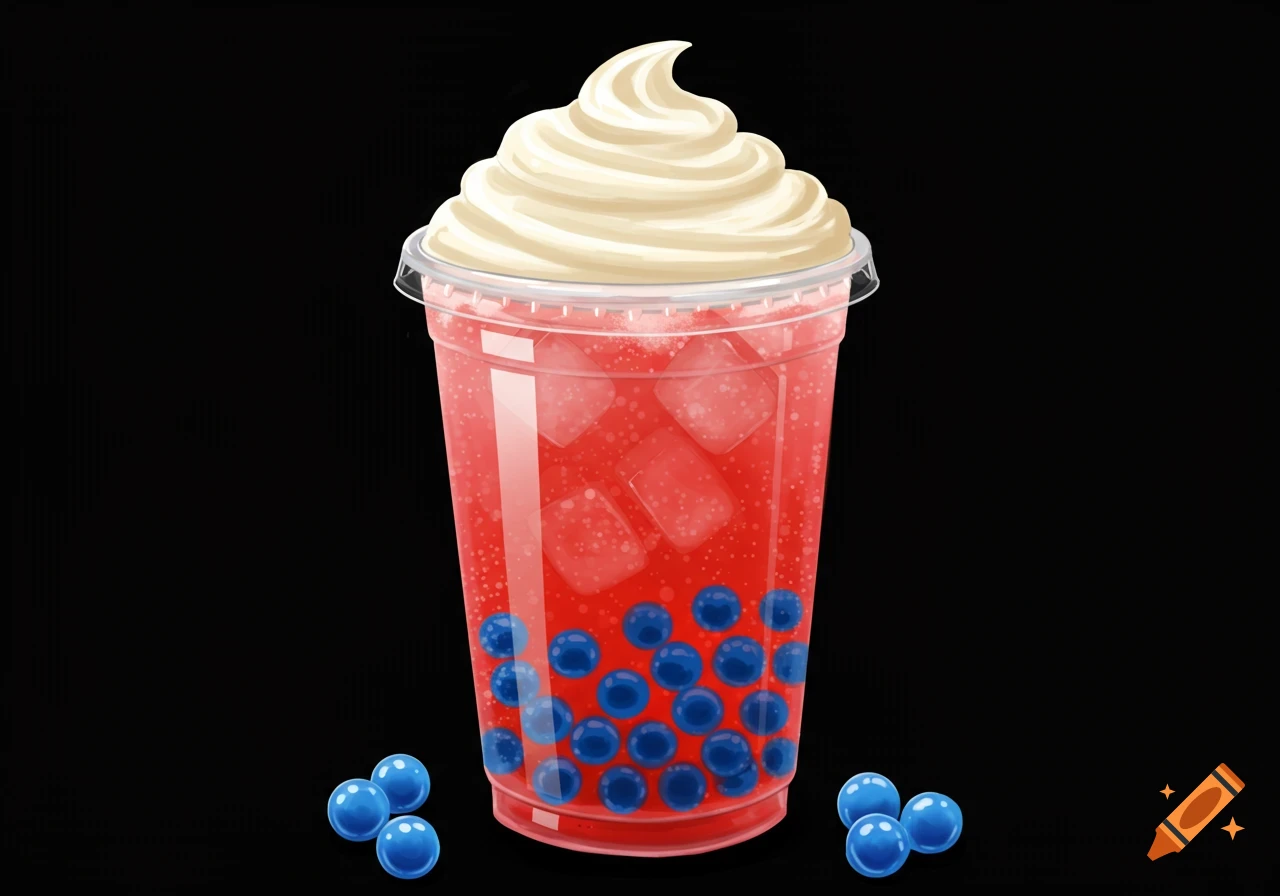 A red fizzy drink with blue boba and ice, topped with whipped cream in ...