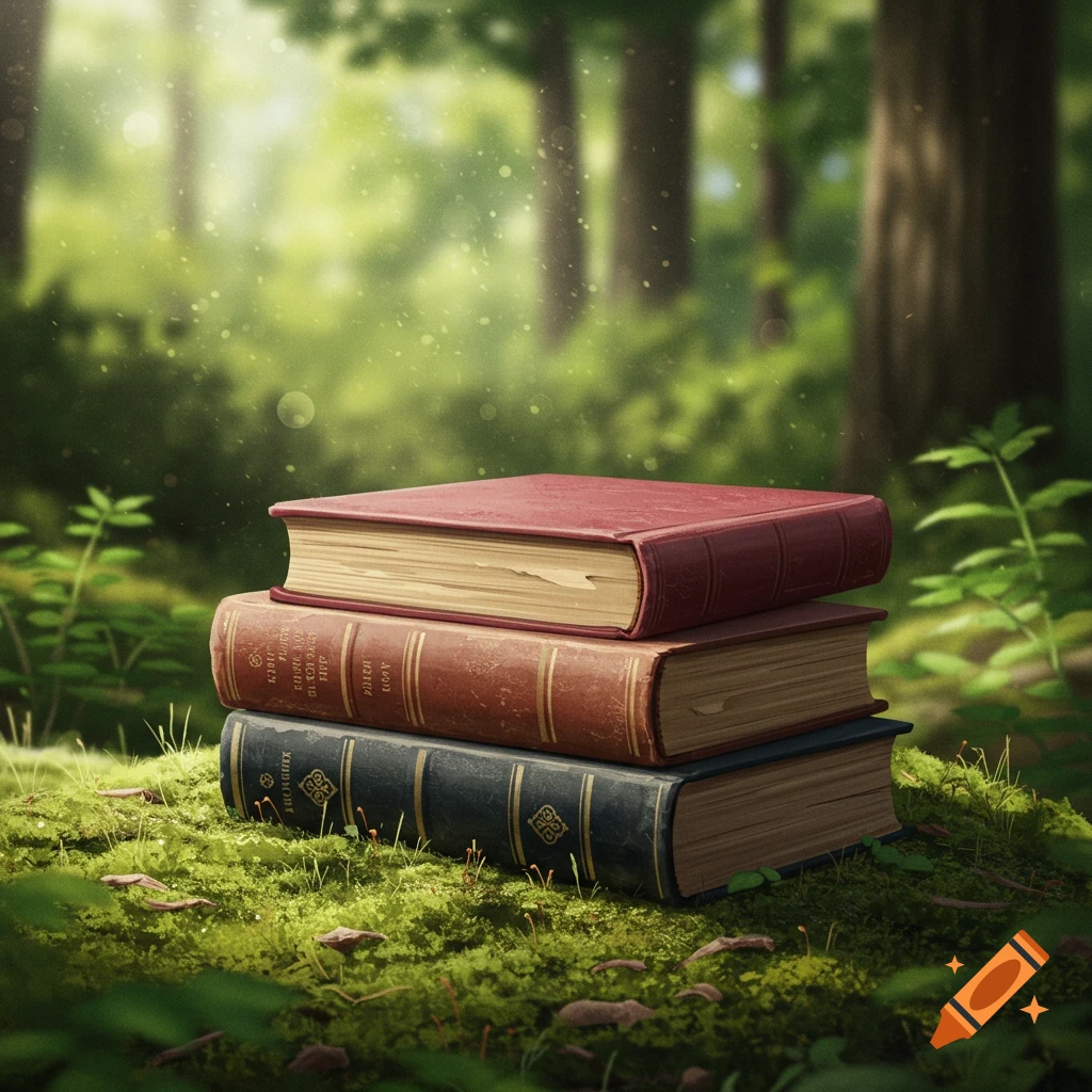 Three old books stacked on moss in a sunlit forest, photorealistic ...