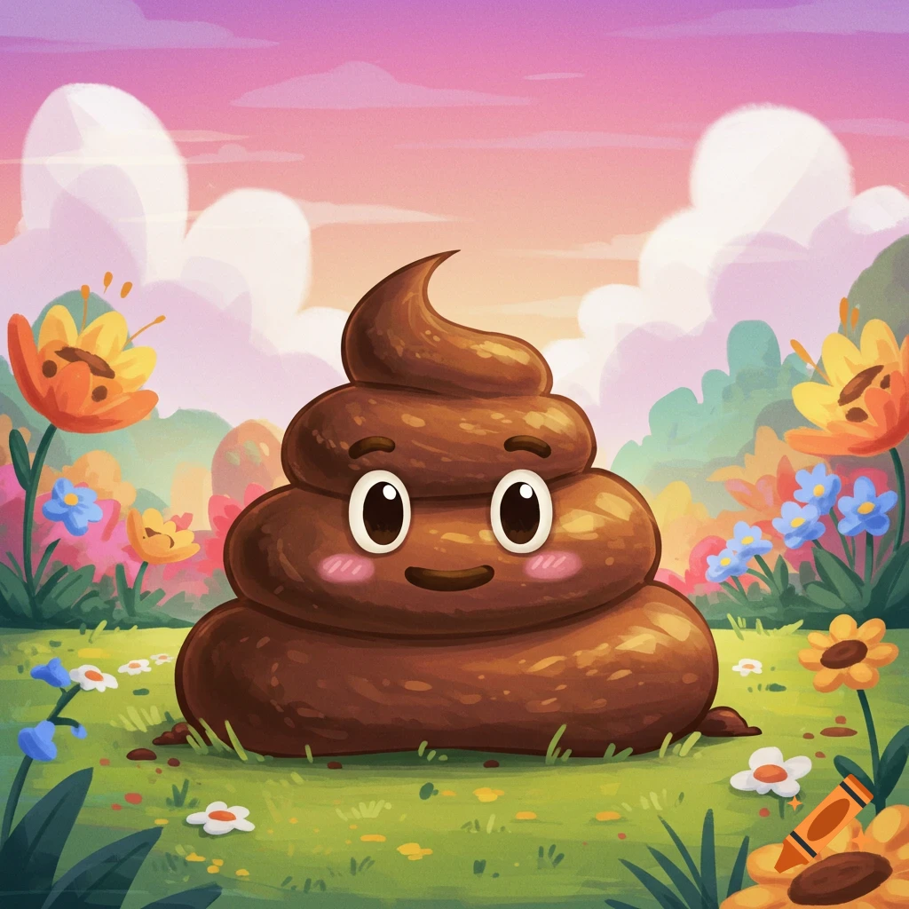 A smiling poop emoji character sits in a vibrant green field filled ...