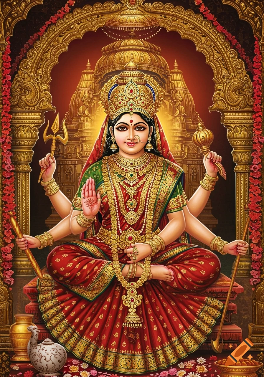 Multi-armed Hindu goddess Maa Tulja Bhavani seated in red and gold ...