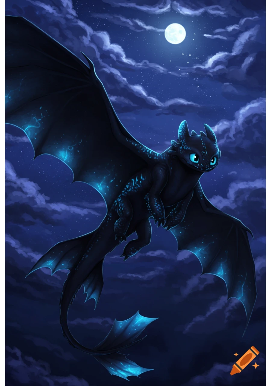 A black Night Fury dragon with glowing blue markings flies through a ...
