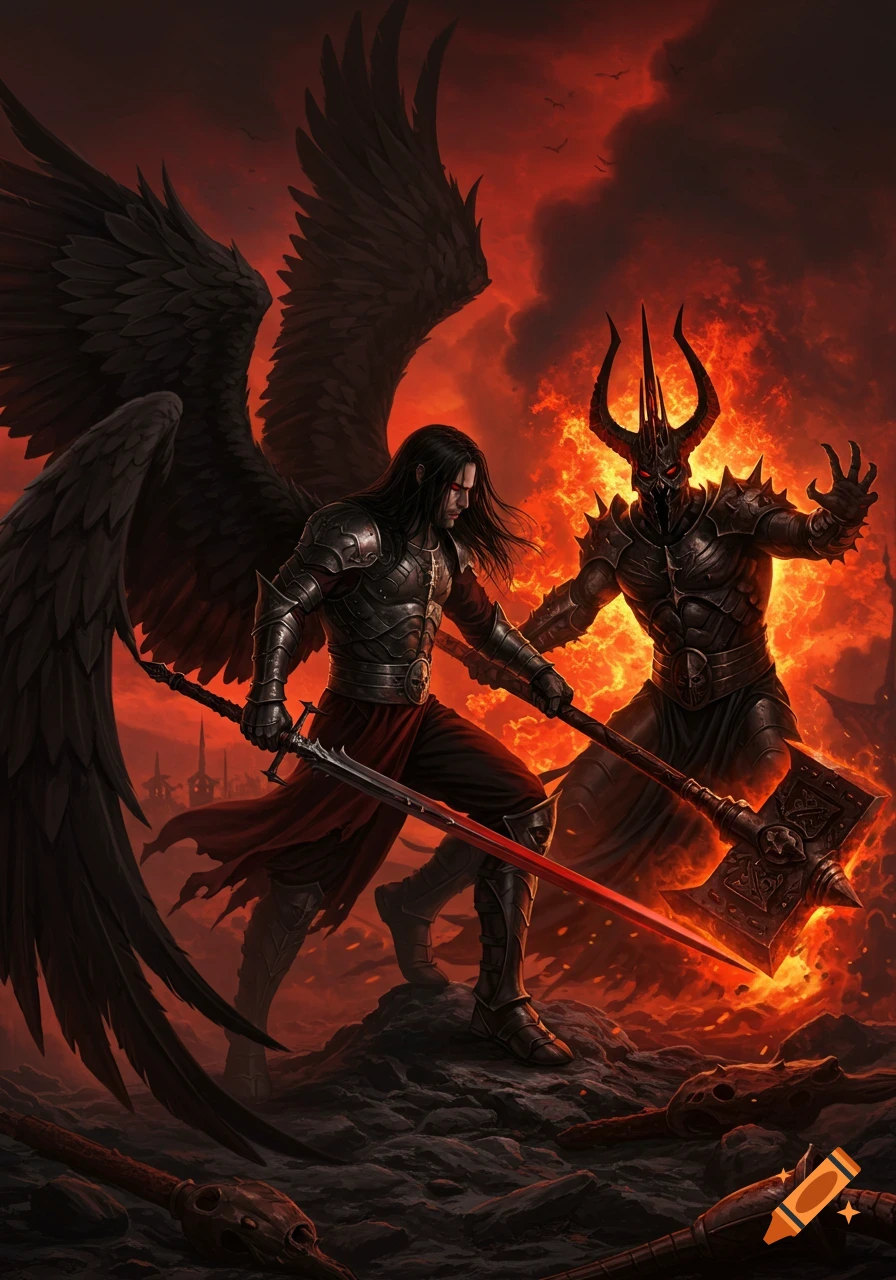 A dark-winged figure with a sword fights a horned, armored demon with a ...