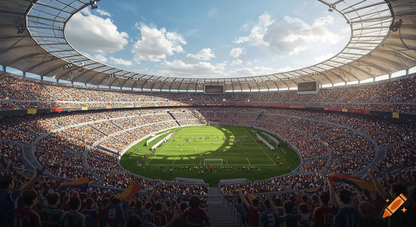 A massive, circular football stadium is packed with a cheering crowd ...