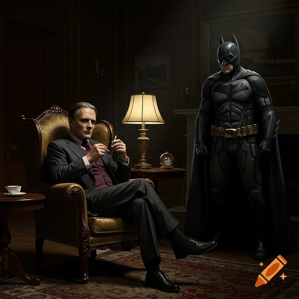 A man in a suit sits in a lavish chair while Batman stands in a dark ...